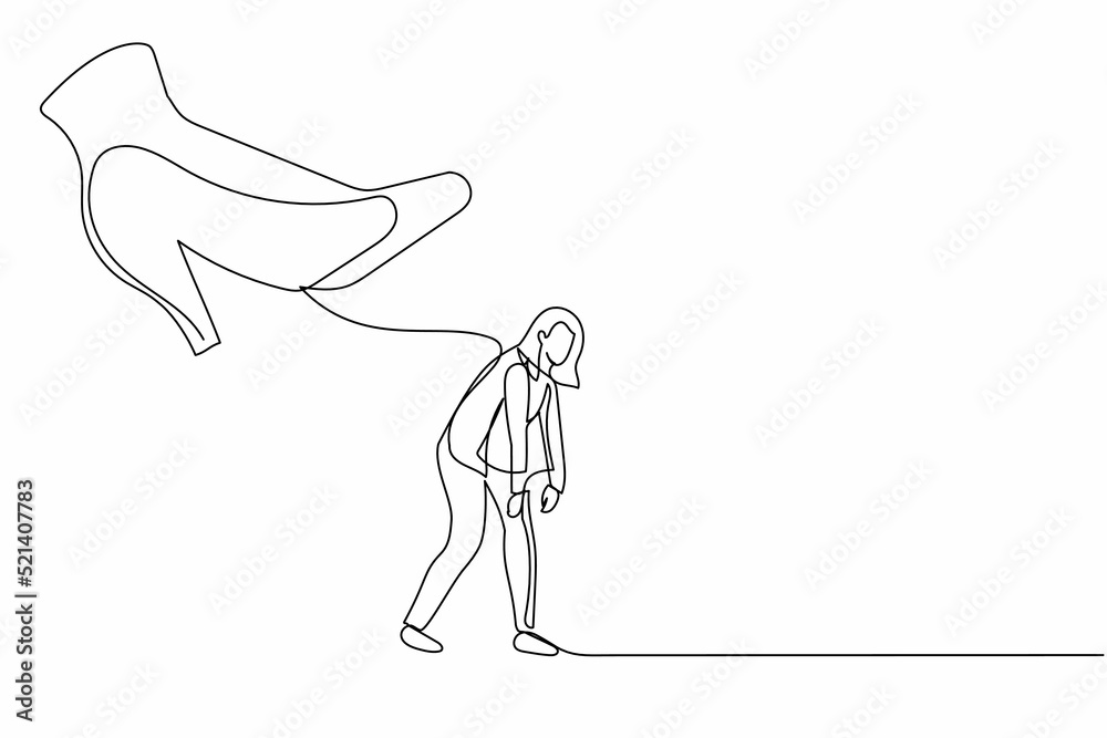 Continuous one line drawing stressed businesswoman going away with huge ...