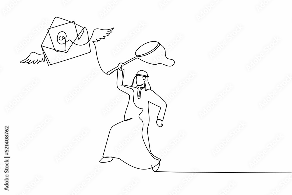 Continuous one line drawing Arab businessman try to catching flying ...