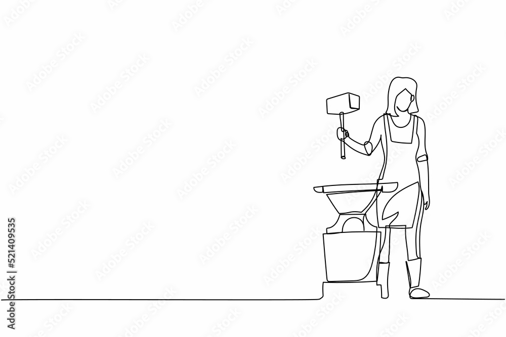Continuous one line drawing female blacksmith wearing apron standing ...