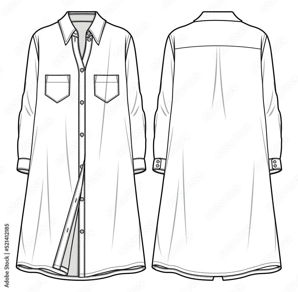 Vector de Stock Long sleeve Shirt Dress, Flared Front Full Placket ...