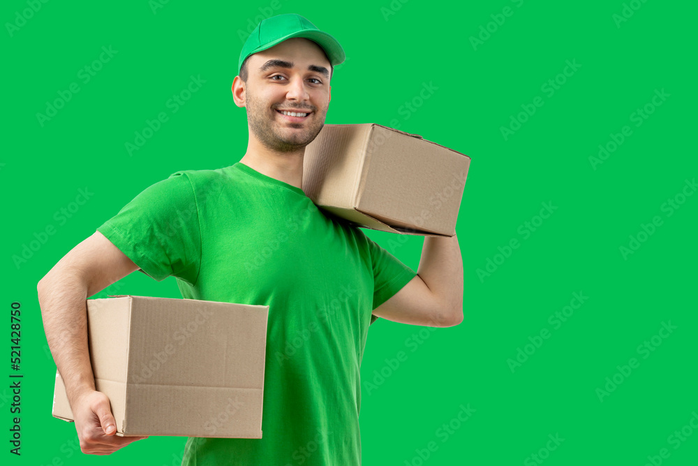 Delivery man with a box. Courier in uniform cap and t-shirt service ...