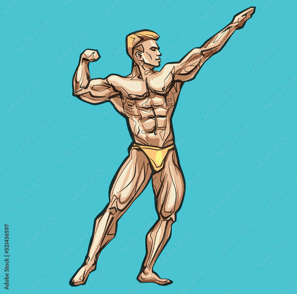Bodybuilder muscle man fitness posing Colored Isolated Hand Drawing Vector Illustration Image ...