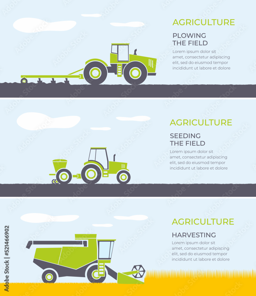 Agriculture. Different agricultural vehicles and machinery works on ...