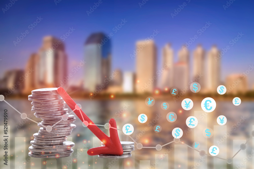 Arrow downwards with coins and decline graph currency symbol on ...