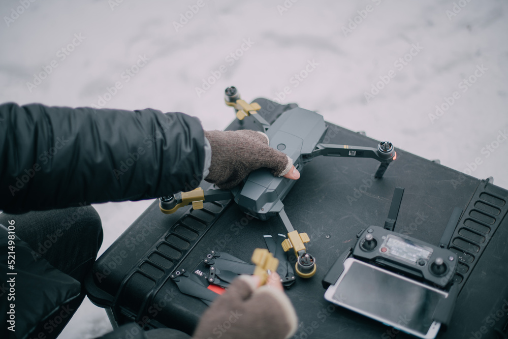 On the set, a professional copter, drone. Shooting shift, equipment and ...