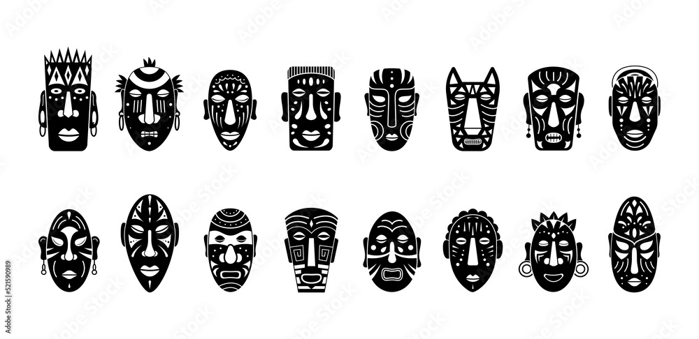 African masks. Black silhouette set. Ritual ancient symbols of african ...
