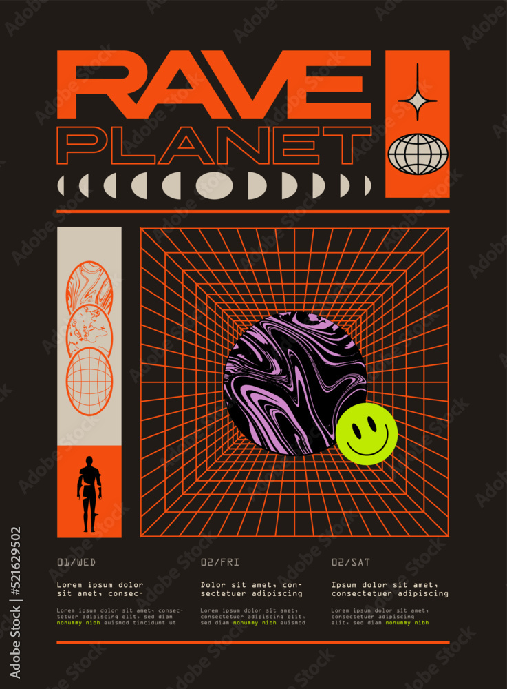 Rave party poster or flyer design template with modern retrowave ...