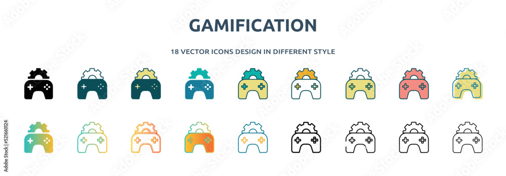 gamification icon in 18 different styles such as thin line, thick line, two color, glyph ...