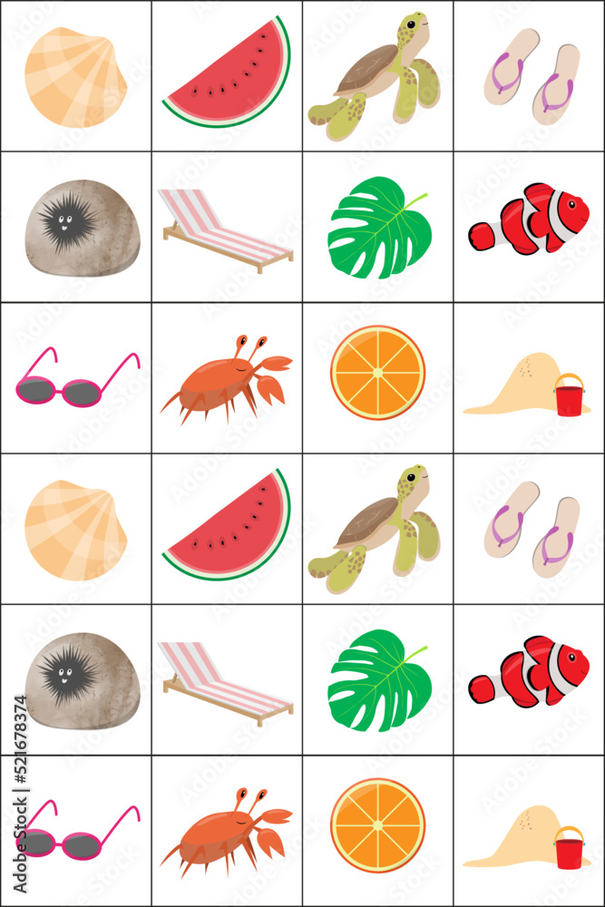 Summer memory game cards with cute beach objects. Matching activity ...