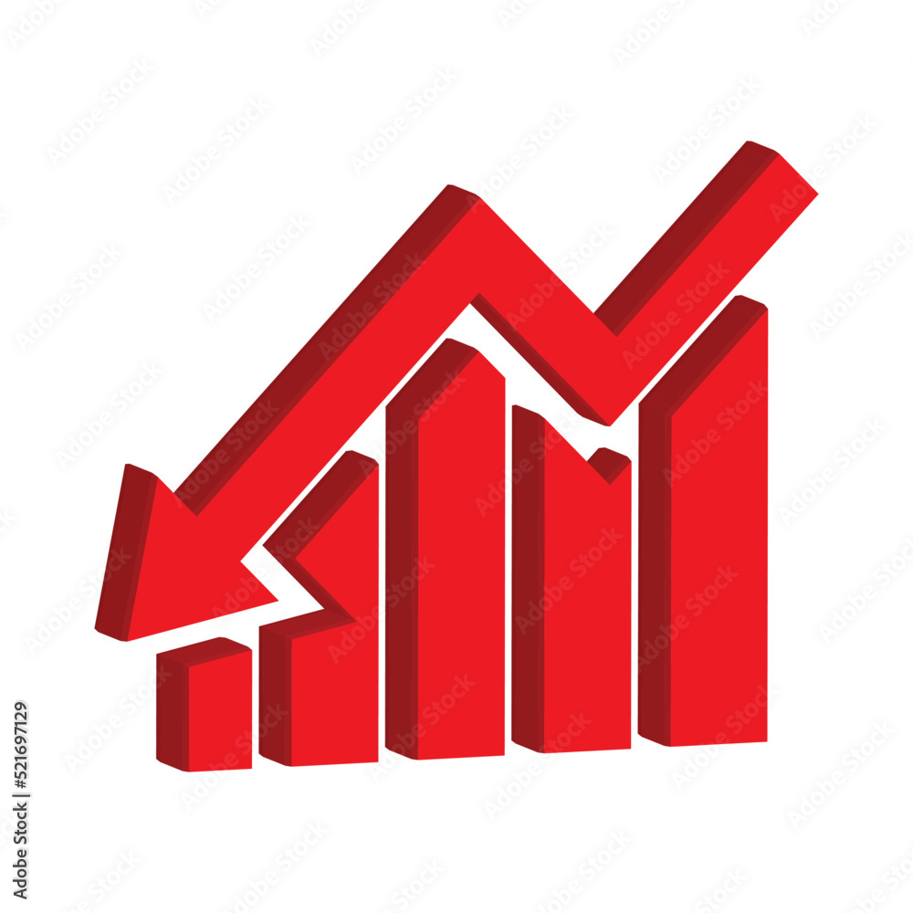 3d Red arrow going down stock icon on white background. Bankruptcy ...