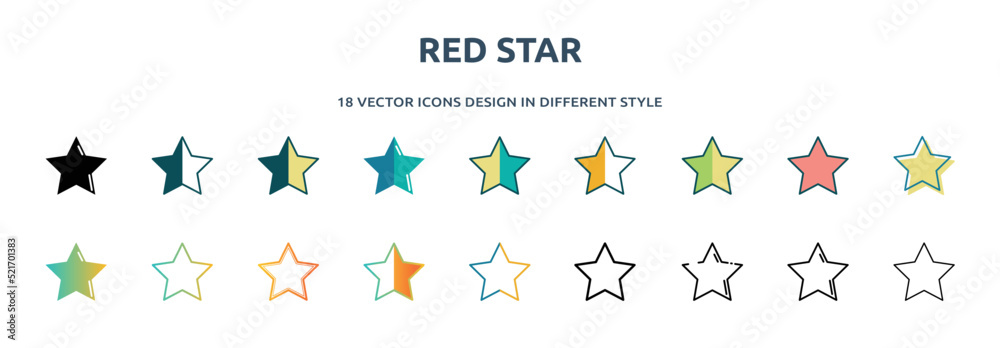 red star icon in 18 different styles such as thin line, thick line, two ...