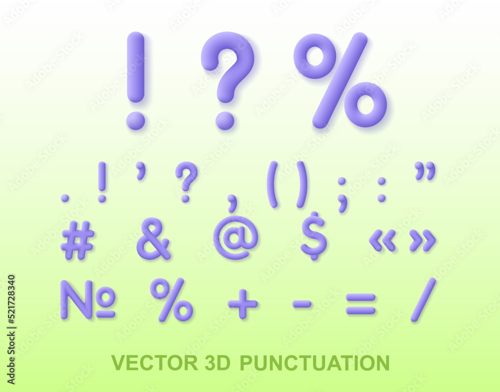 3d punctuation mark set. Render isolated punctuation sign with shadow ...