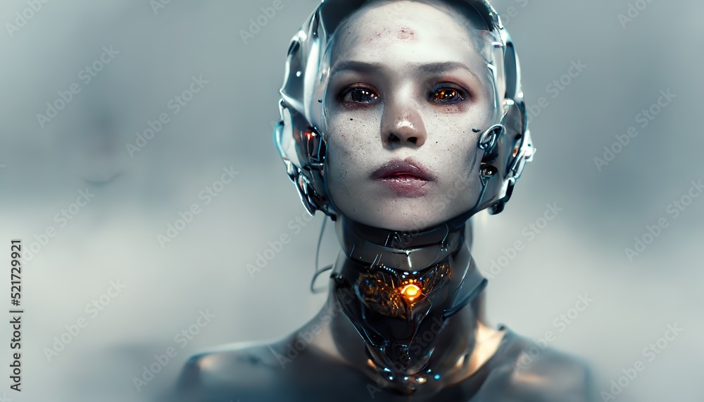 Robot female humanoid face skull technological cyborg head. AI or ...