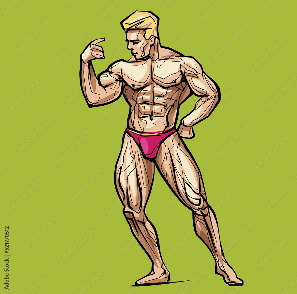 Vector de Stock Bodybuilder muscle man fitness posing Colored Isolated Hand Drawing Vector ...