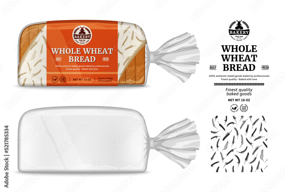 Vector bread packaging and horizontal label design. Transparent plastic bag packaging mockup ...