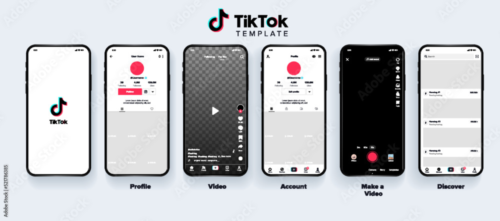 Tiktok Mobile App Vector Mock up Template Pages Stock Vector | Adobe Stock