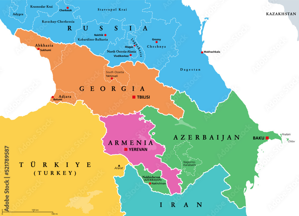 Vector de Stock The Caucasus, Caucasia, colored political map. Region ...