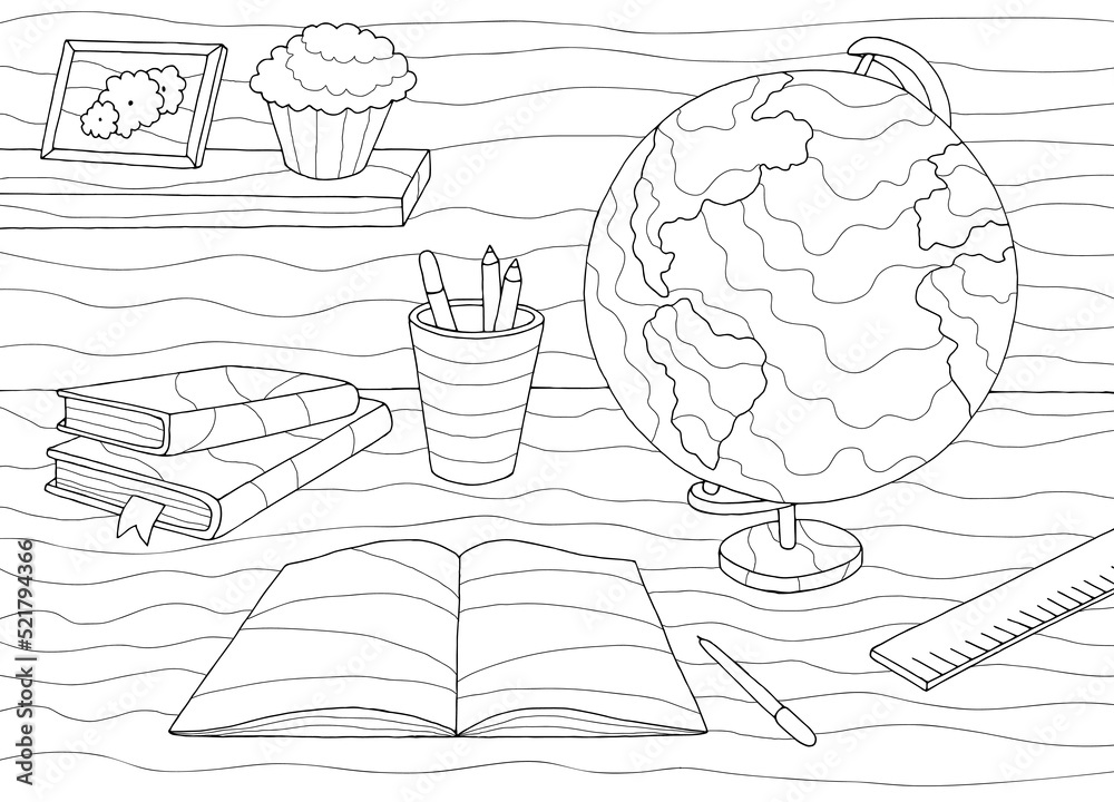 Study table coloring graphic black white interior sketch illustration ...