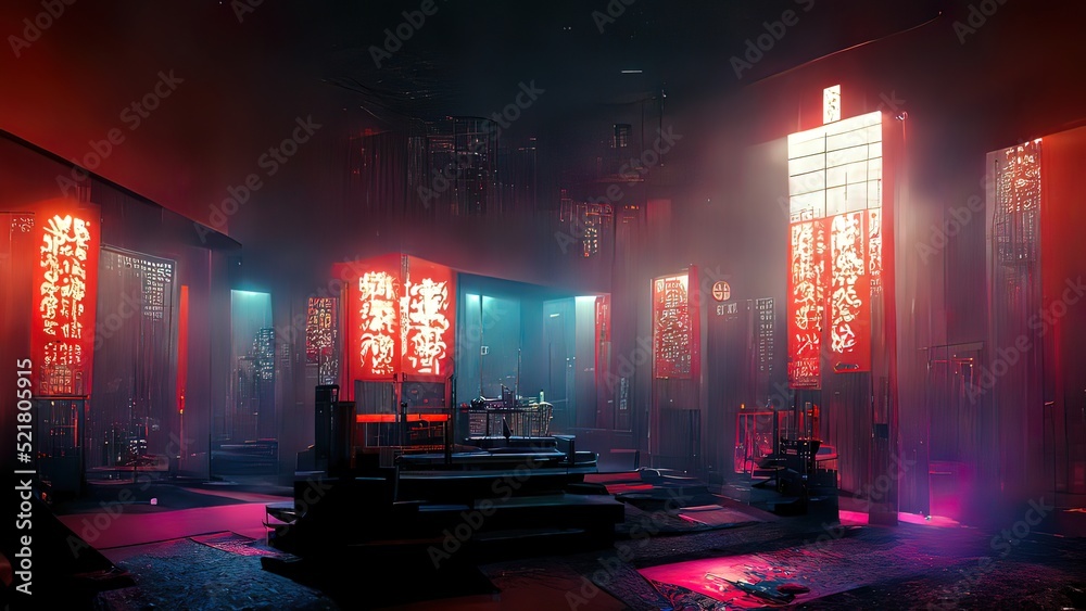 Cyberpunk temple, japanese abstract illustration, futuristic city ...