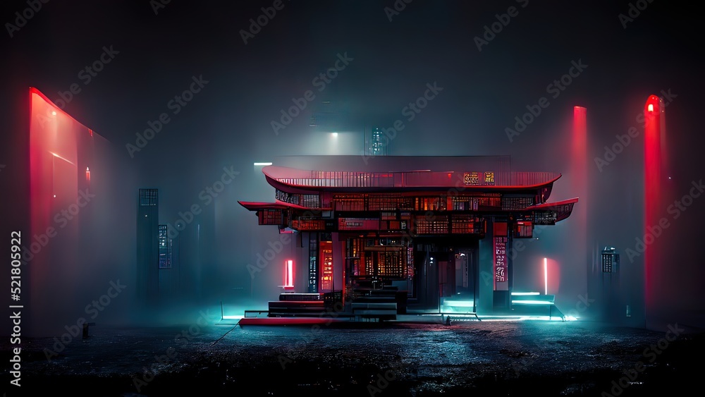 Cyberpunk temple, japanese abstract illustration, futuristic city ...