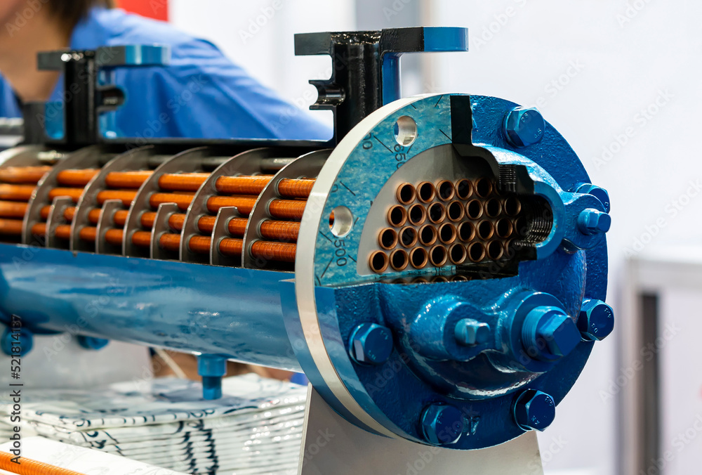 Close cross section of oil cooler core heat exchanger for cooling oil ...