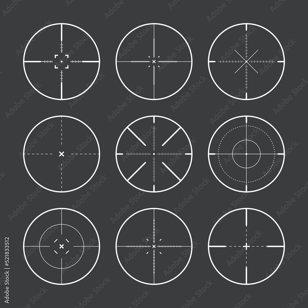 Various sniper rifle sights, weapon optical scope crosshair. Hunting ...