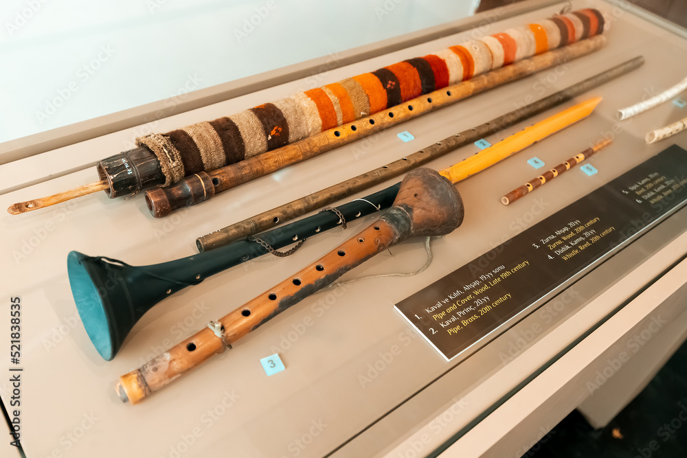 09 July 2022, Antalya, Turkey: Traditional turkish musical instruments ...