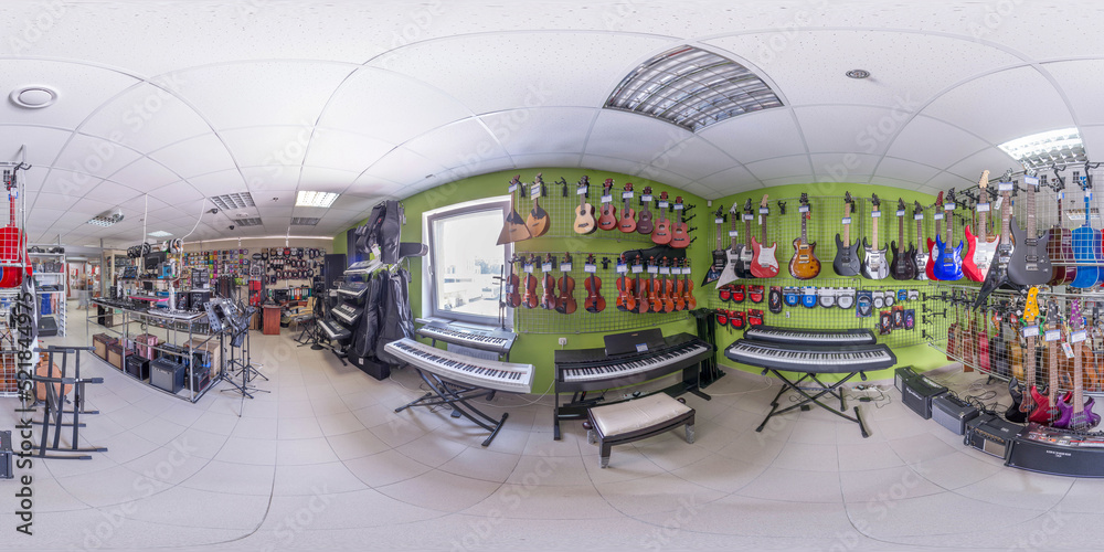 Full seamless panorama 360 degrees of musical instrument store, musical ...