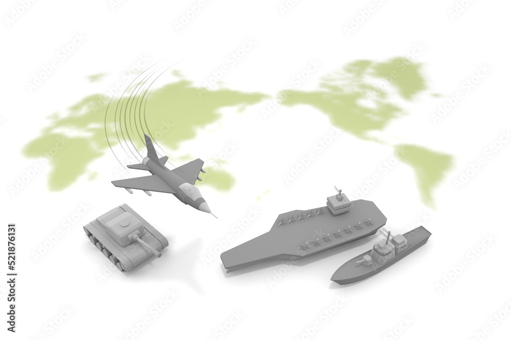 World map and weapons. Aircraft carriers and fighter planes. 1 tank ...