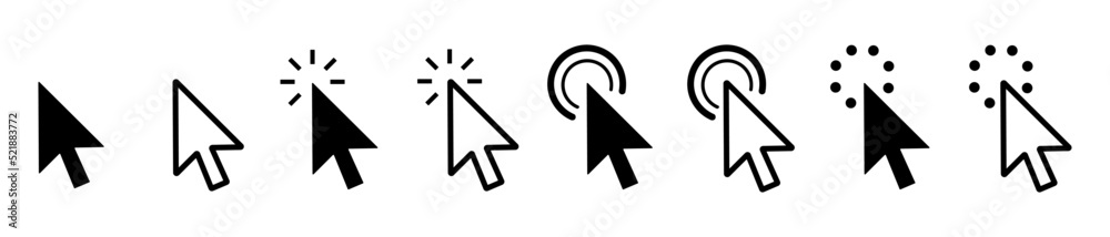 Computer mouse click cursor gray arrow icons set and loading icons. Cursor icon. Vector ...