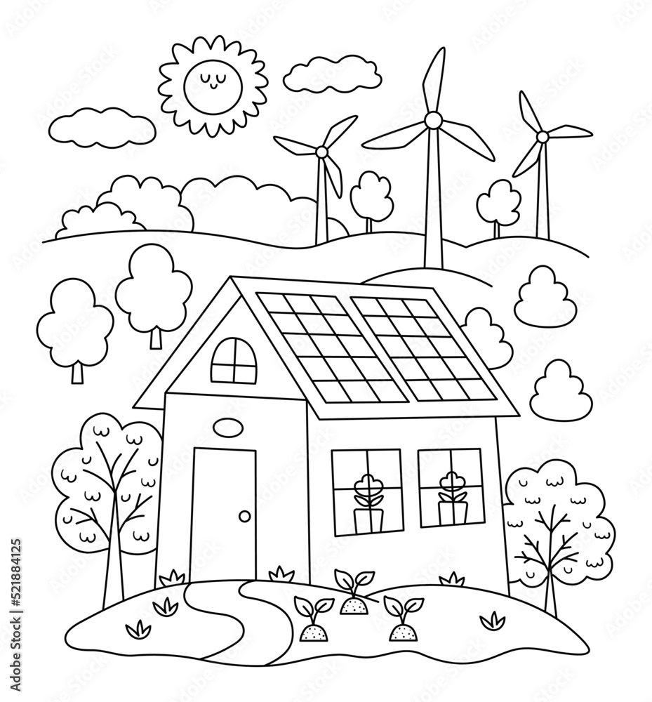Vector black and white scene with eco house, wind turbines, solar ...