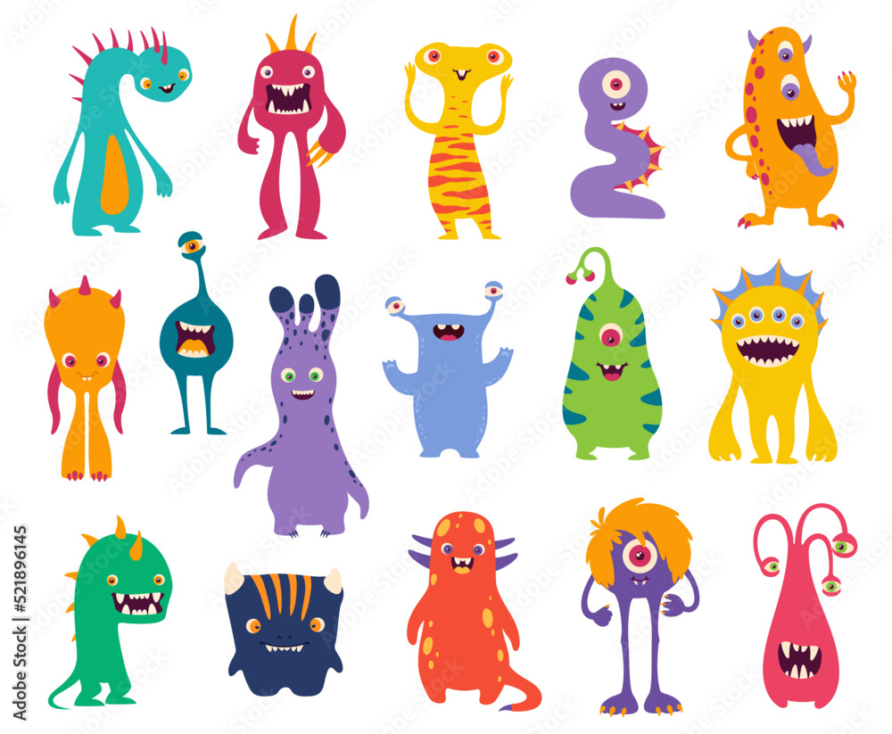 Vector de Stock Cartoon funny monsters, cute characters of vector alien ...