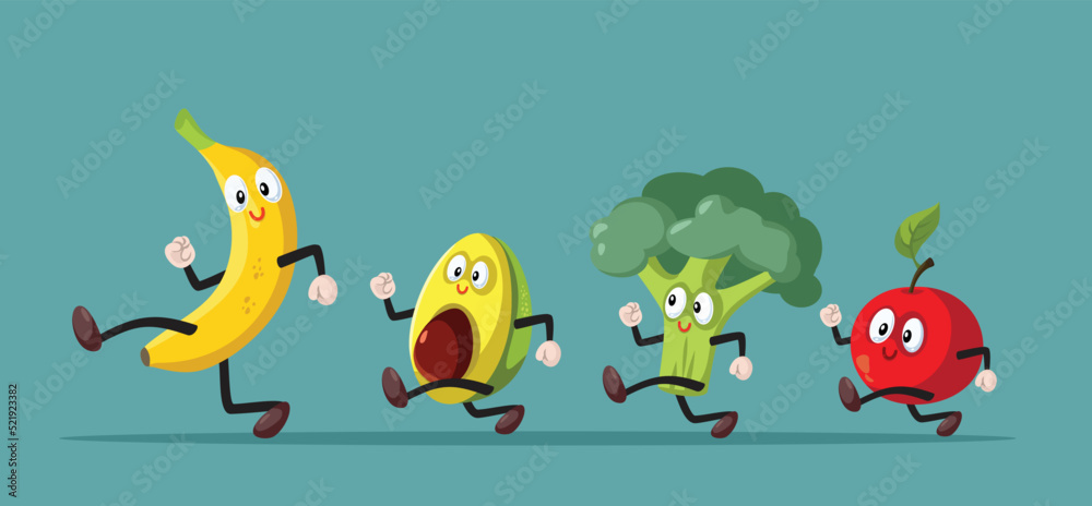 Fruits and Vegetables Running Together Vector Cartoon Illustration ...