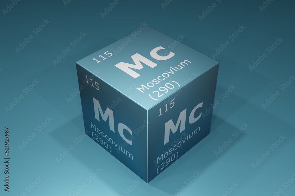 Moscovium, 3D rendering of symbols of the elements of the periodic ...