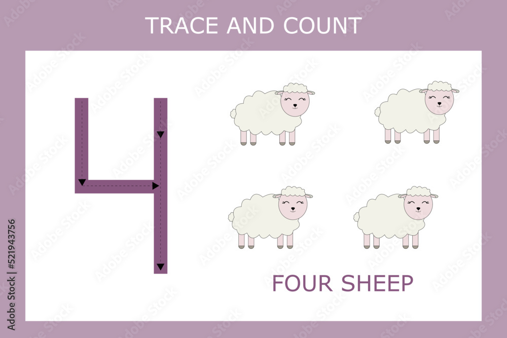 Number four stroke worksheet with sheep for fine motor skills kids ...