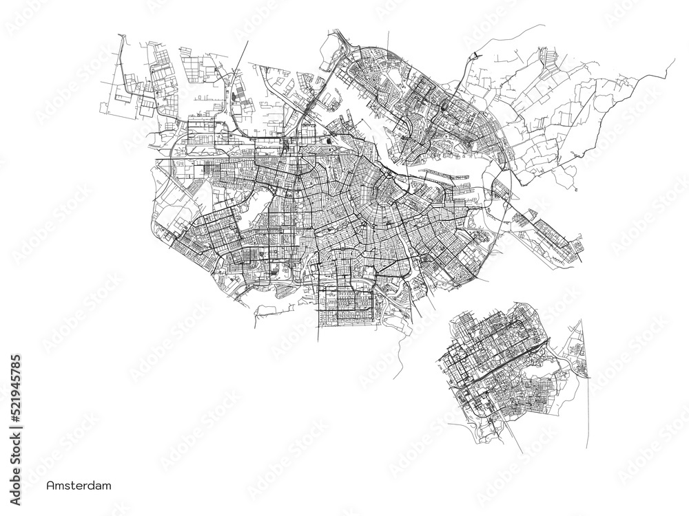 Amsterdam city map with roads and streets, Netherlands. Vector outline ...
