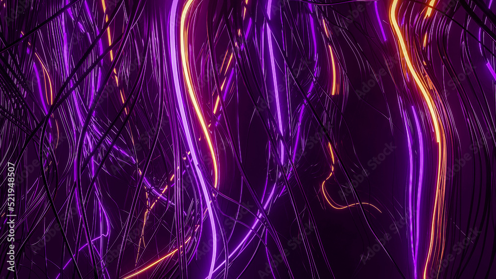 Bright purple and orange neon, 3D metallic levitating hair, render ...