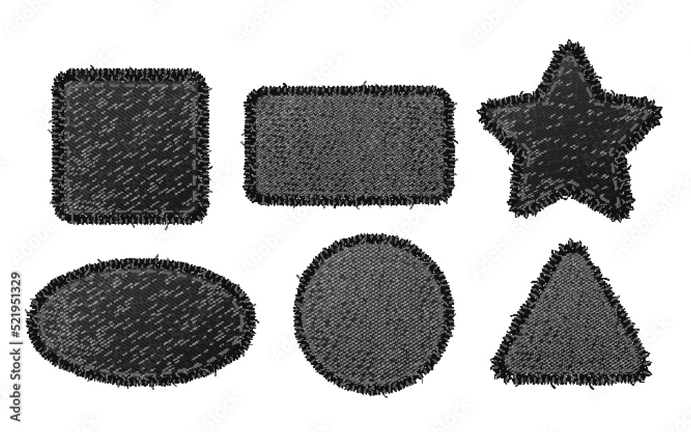 Black denim patches and textile frames realistic vector illustration ...