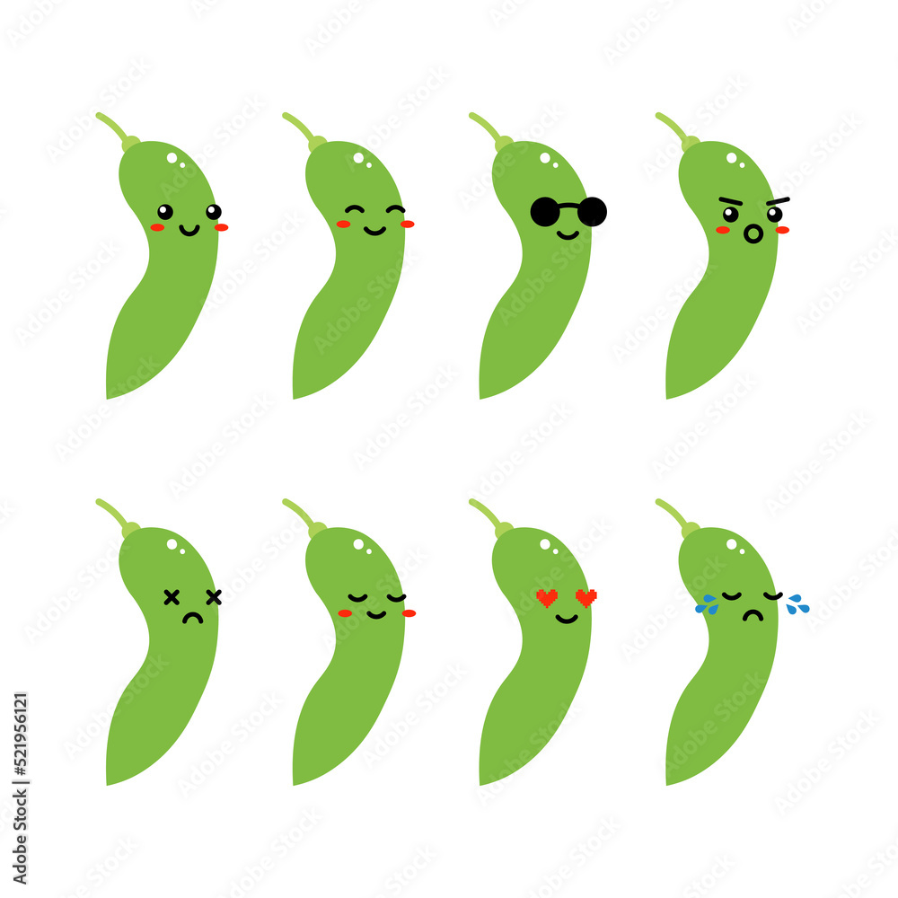 Set, collection, pack of edamame emoji, vector cartoon style icons of ...