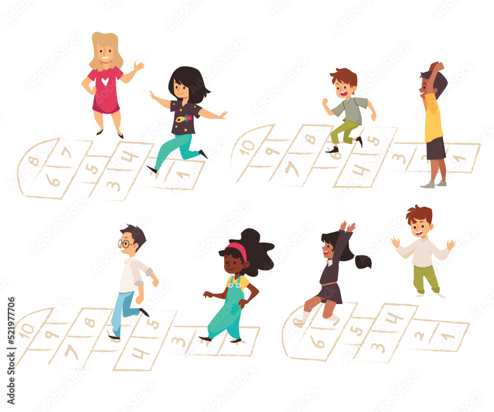 Groups of kids playing hopscotch cartoon flat vector illustration ...
