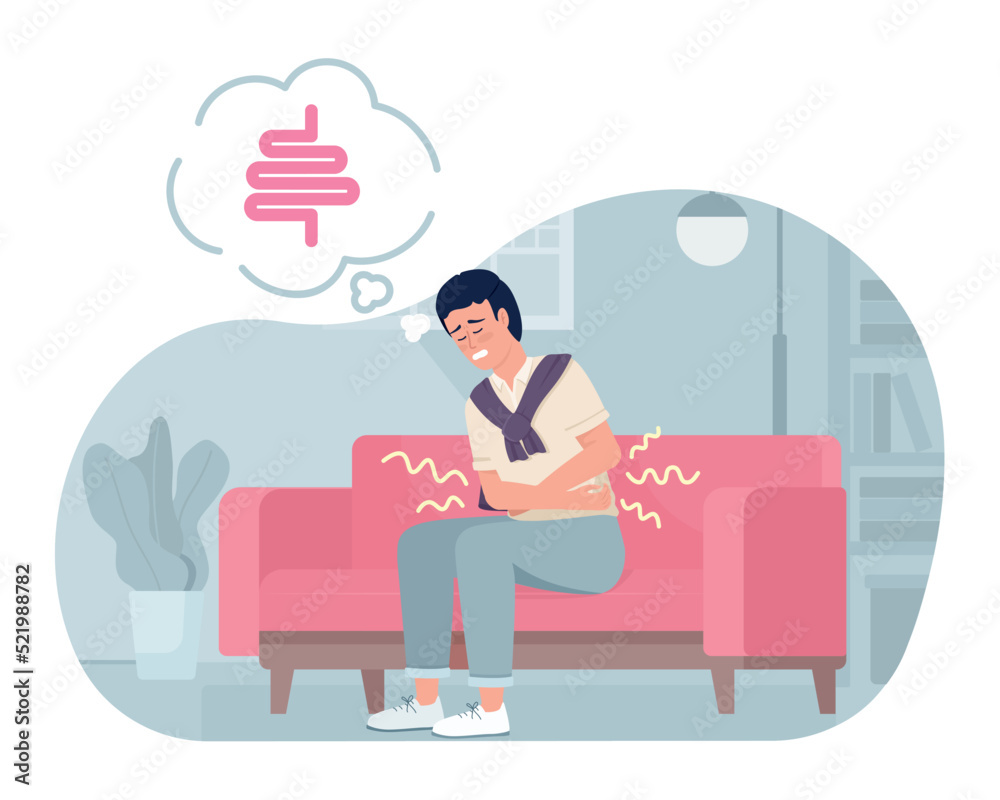 Stock-Vektorgrafik „Man suffering from abdominal pain at home 2D vector ...