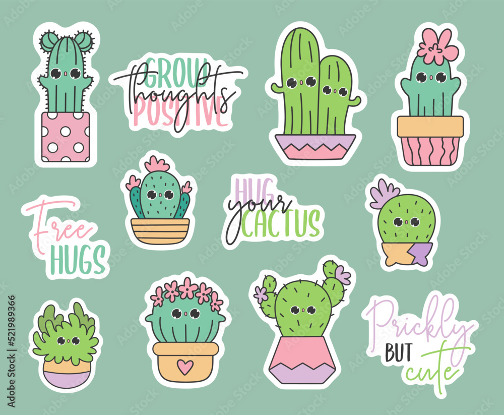 Cute vector stickers pack of kawaii doodles cactus in pots. Baby cacti ...