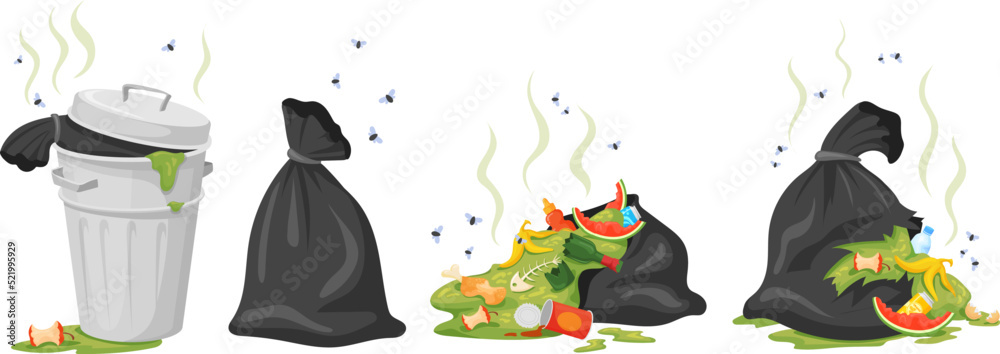 City trash bag. Rotting garbage in waste bag or street dustbins, full ...