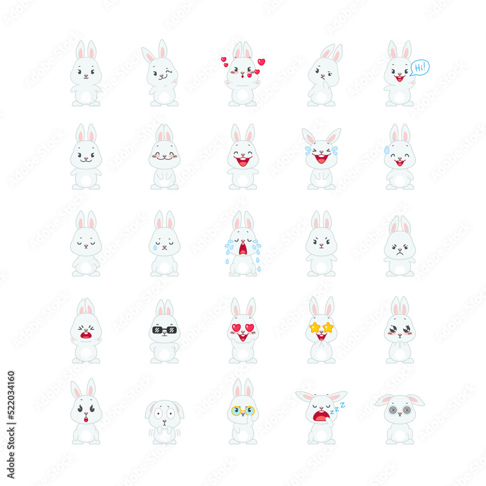 Cute bunny sticker set. 25 flat cartoon illustrations of little gray ...