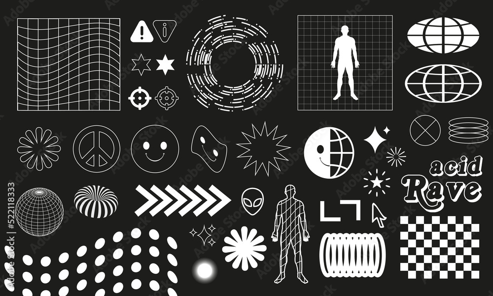 Collection of retro futuristic elements for design. 3d shapes, wireframes, cyberpunk and acid ...