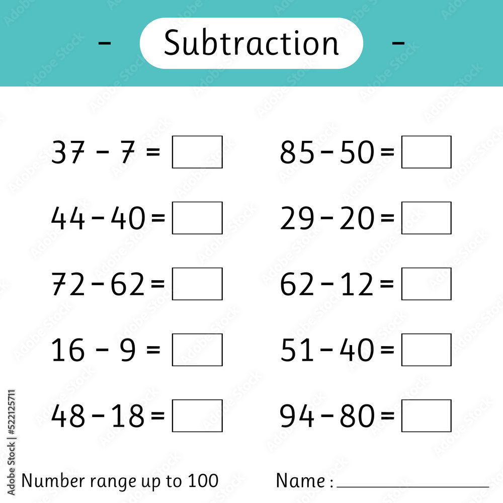 Subtraction. Number range up to 100. Math worksheet for kids ...