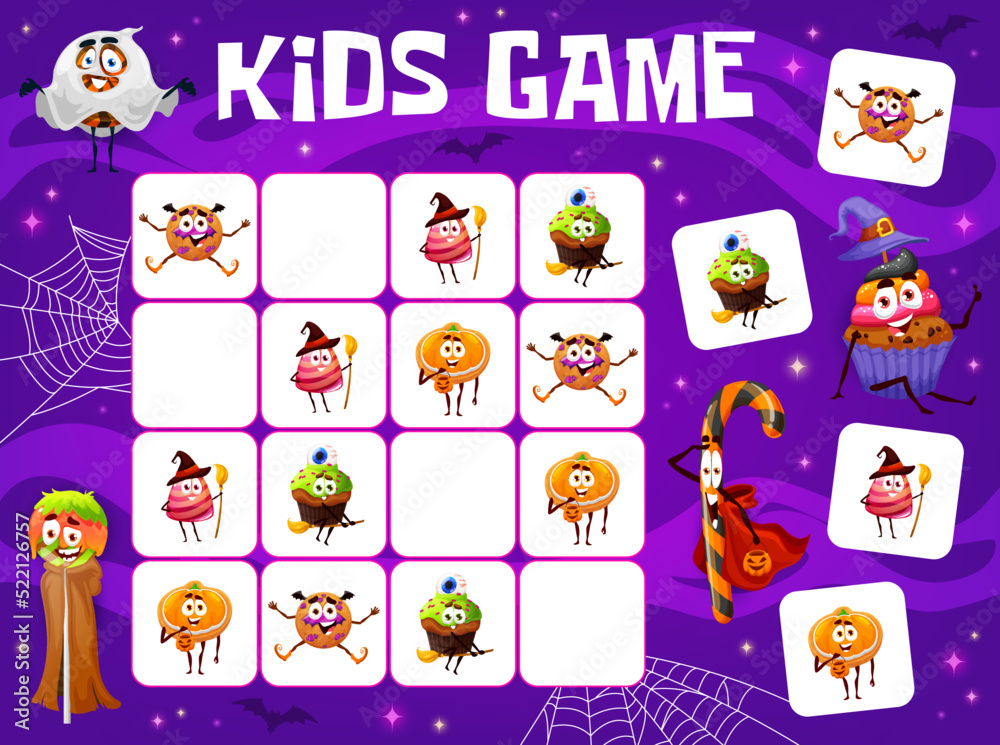 Sudoku game worksheet, cartoon Halloween candy characters on cemetery ...