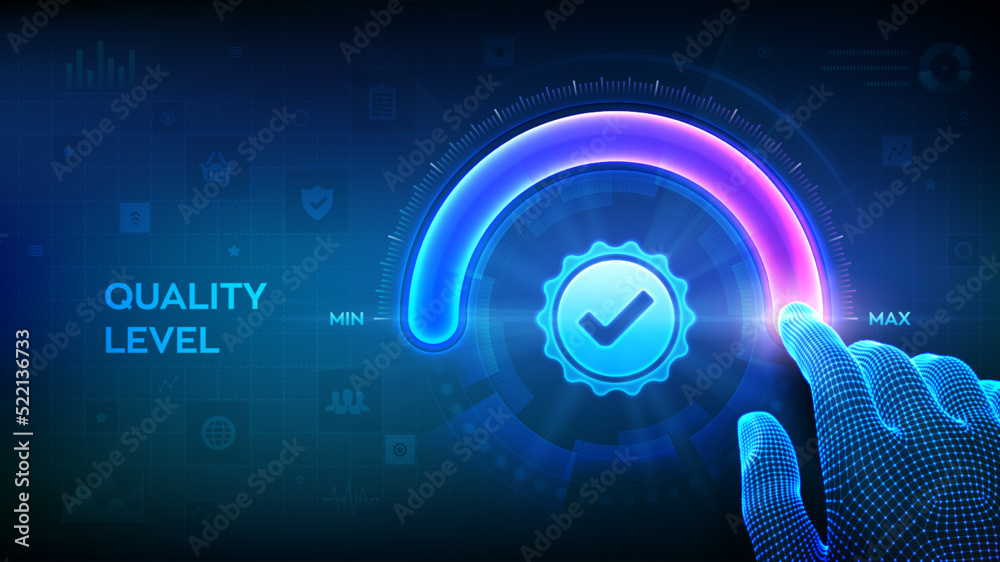 Quality levels growth. Wireframe hand is pulling up to the maximum ...