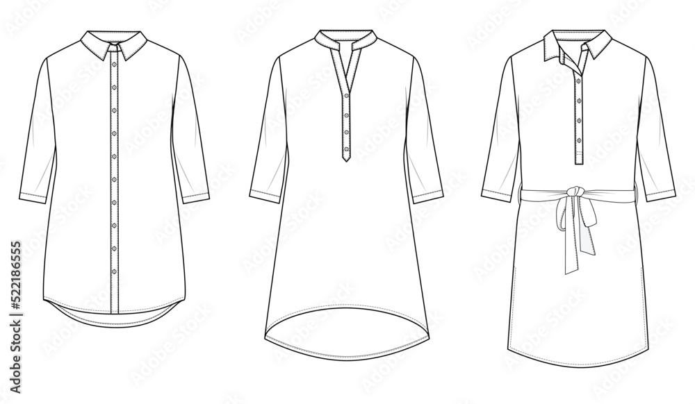 womens kurtha tops flat sketch vector illustration long sleeve shirt ...