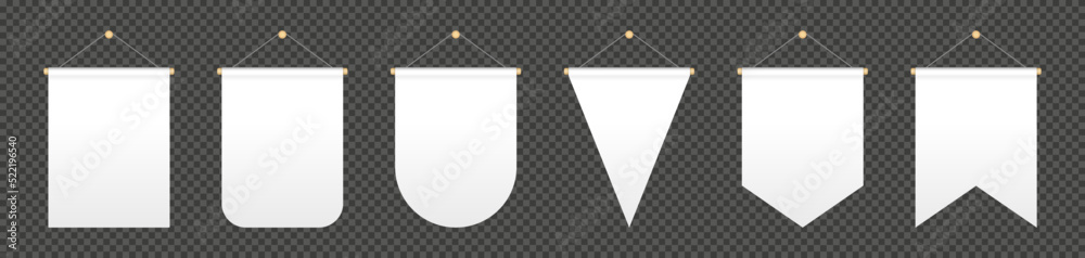 Empty white bunting pennants of various shapes. Hanging realistic ...